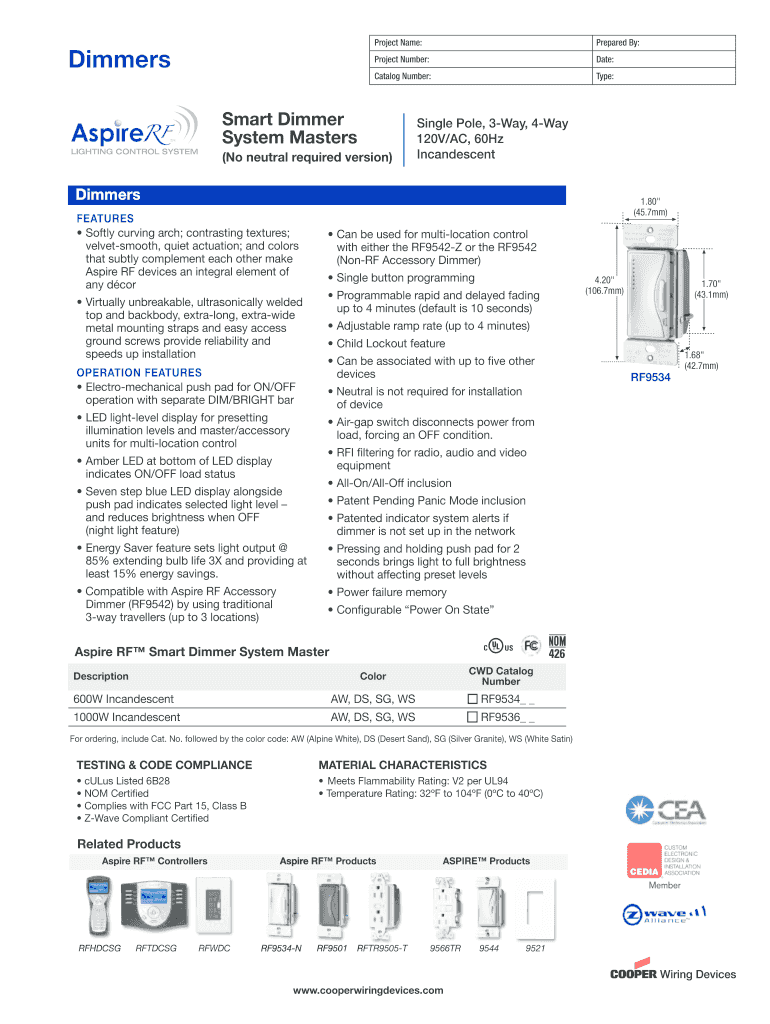 Fillable Online RF9534 Smart Dimmer Spec Sheet - Cooper Industries Fax ...