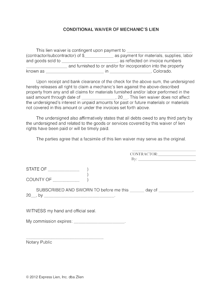 Lien Waiver Form Colorado Fill Online Printable Fillable Blank 