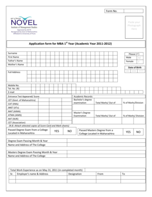 Fillable Online YES NO YES NO Application form for MBA 1 Year ...
