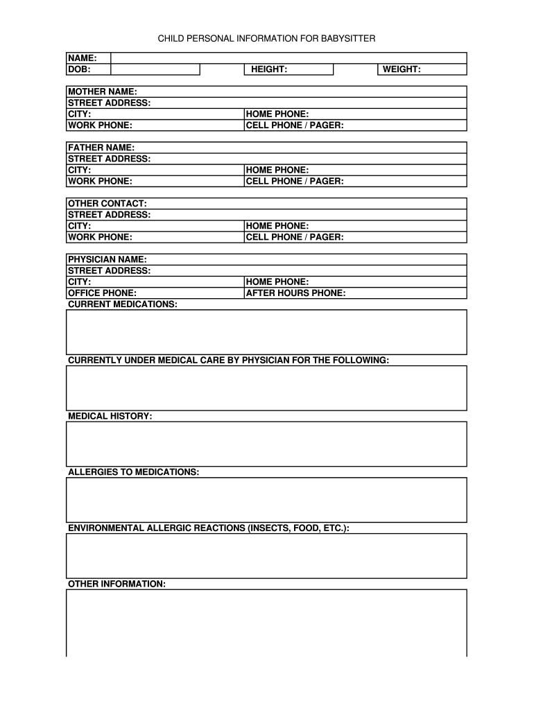 Fillable Online form babysitter info Fax Email Print - pdfFiller
