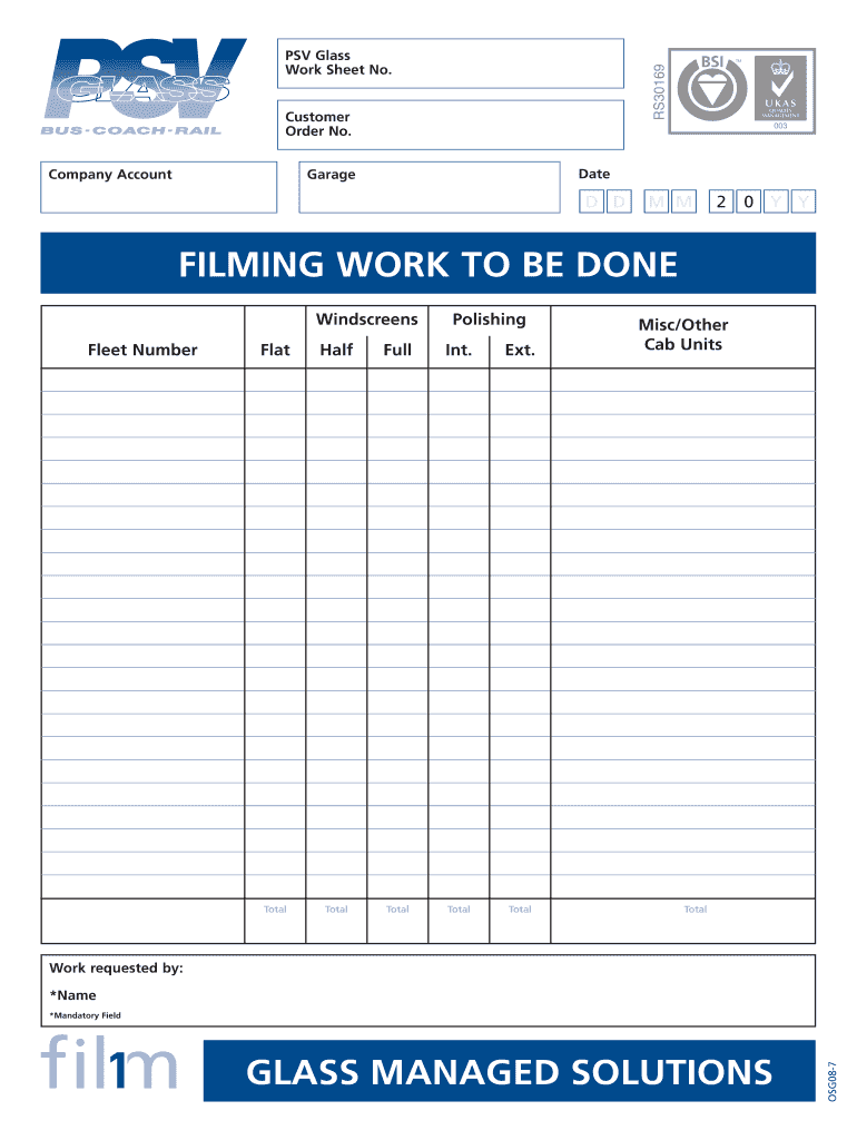 Fillable Online PSV Glass Work Sheet No. Fax Email Print - pdfFiller
