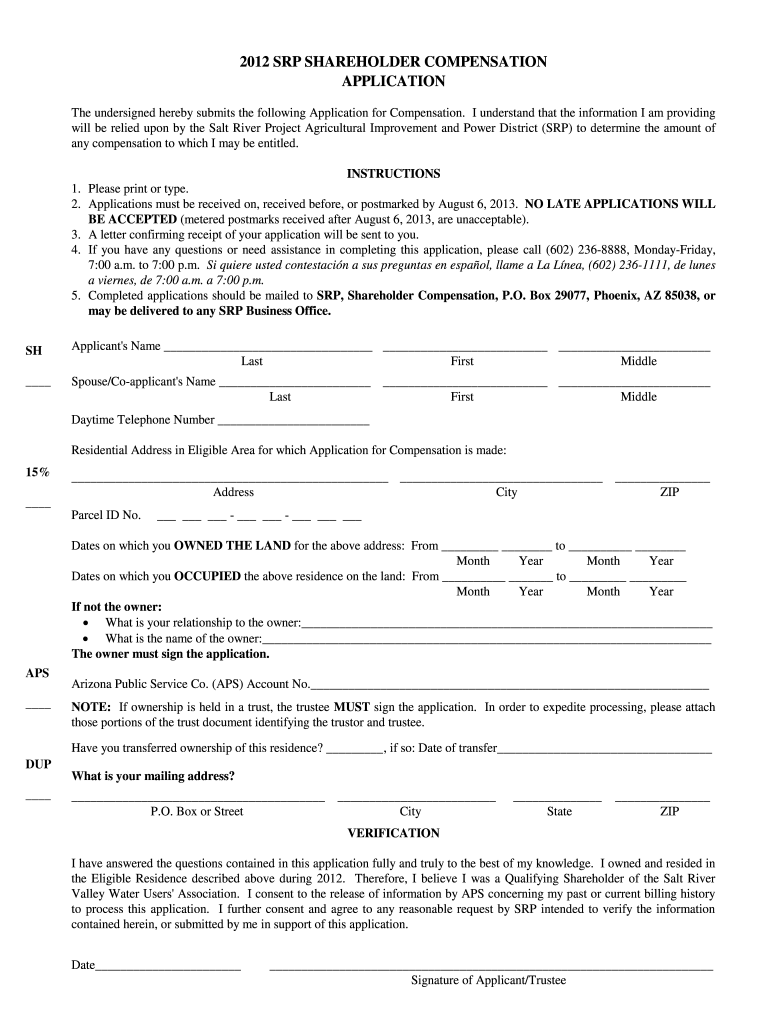 2012 Form SRP Shareholder Compensation Application Fill Online 