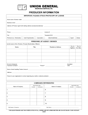 Fillable Online Producer Information Form - Union General Insurance Services Fax Email Print ...
