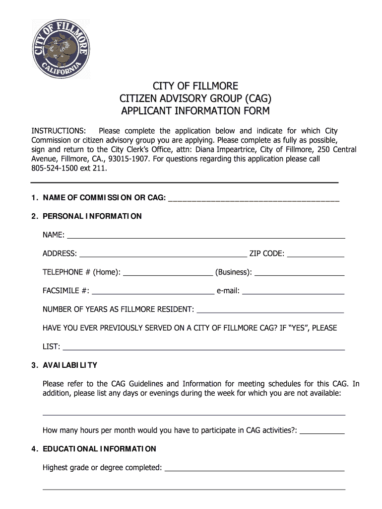 Fillable Online Citizen Advisory Group (CAG) Applicant Information Form ...