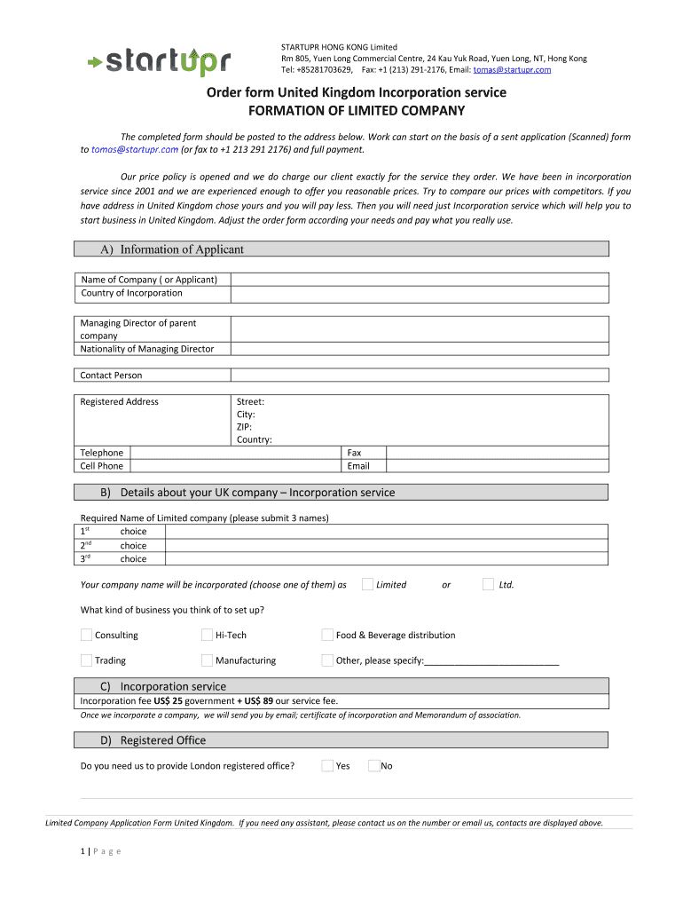 Fillable Online Order form United Kingdom Incorporation service Fax ...