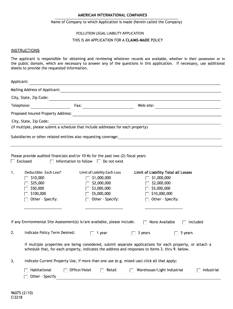Fillable Online Pollution Legal Liability Application Fax Email Print ...