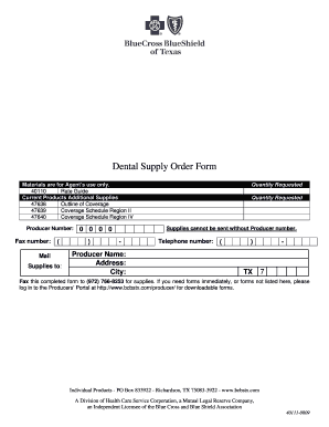 Fillable Online Dental Supply Order Form - BCBSTX Fax Email Print ...