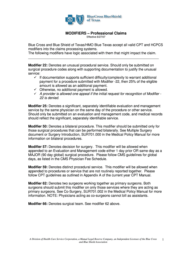 Fillable Online MODIFIERS Professional Claims Fax Email Print - pdfFiller