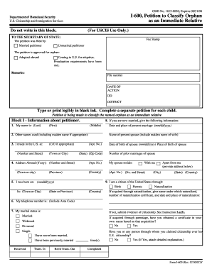 Fillable Online I-600, Petition to Classify Orphan Type or print ...