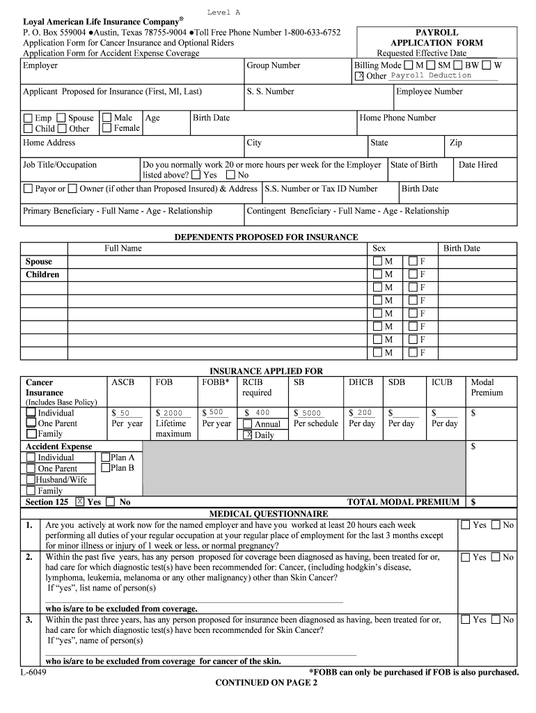 Fillable Online Loyal American Life Insurance Company Cancer Insurance ...