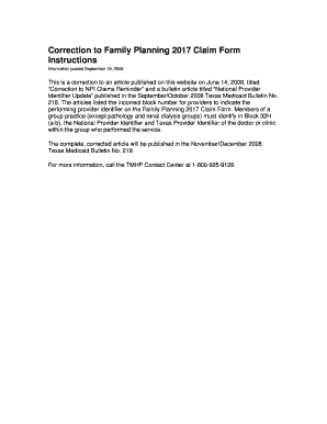 Fillable Online Correction to Family Planning 2017 Claim Form ...