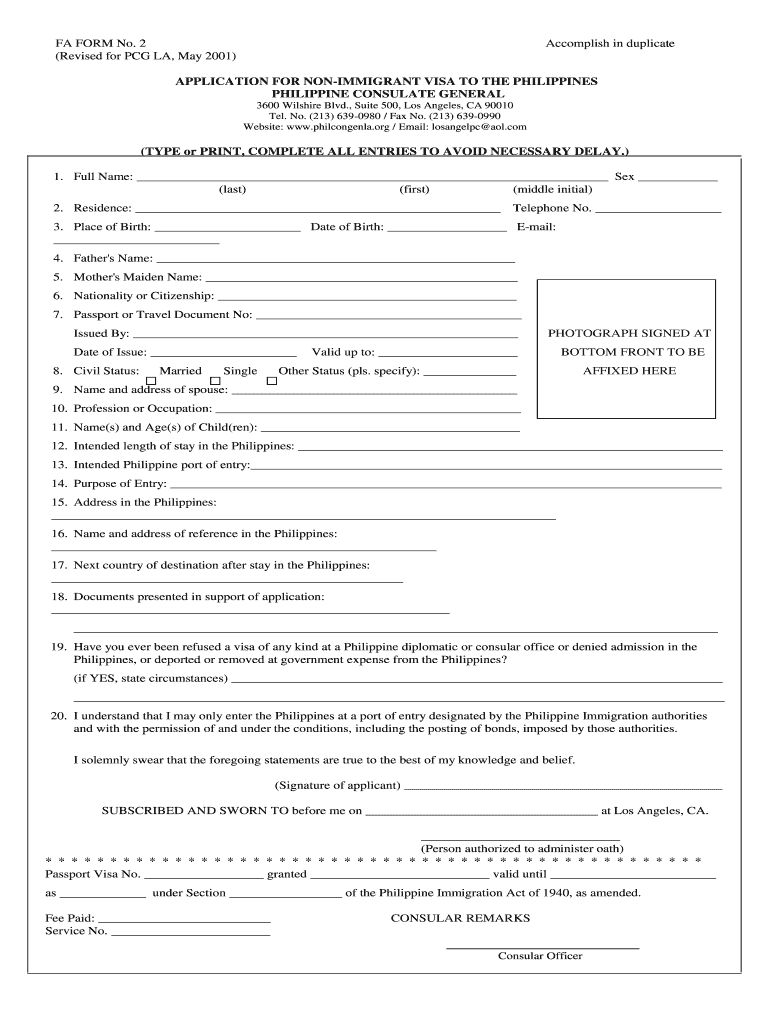 Fillable Online APPLICATION FOR NON-IMMIGRANT VISA TO THE PHILIPPINES Fax Email Print - pdfFiller