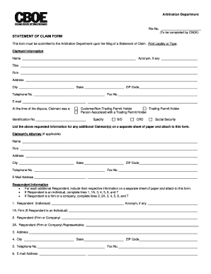 Fillable Online STATEMENT OF CLAIM FORM - CBOE.com Fax Email Print ...