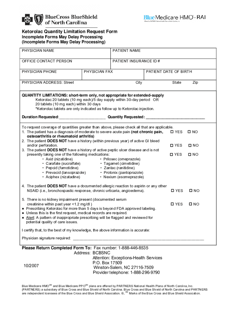 Fillable Online Ketorolac Quantity Limitation Request Fax Email Print ...