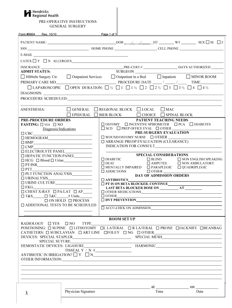Fillable Online PRE-OPERATIVE INSTRUCTIONS GENERAL SURGERY Fax Email ...