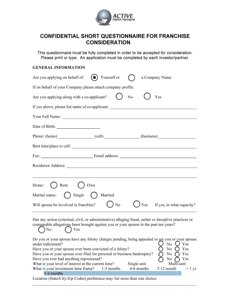 Fillable Online Questionnaire Short Form Fax Email Print - pdfFiller