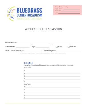 Fillable Online bluegrasscenterforautism APPLICATION FOR ADMISSION ...