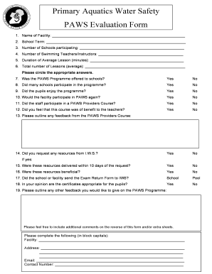 Fillable Online Primary Aquatics Water Safety PAWS Evaluation Form Fax ...