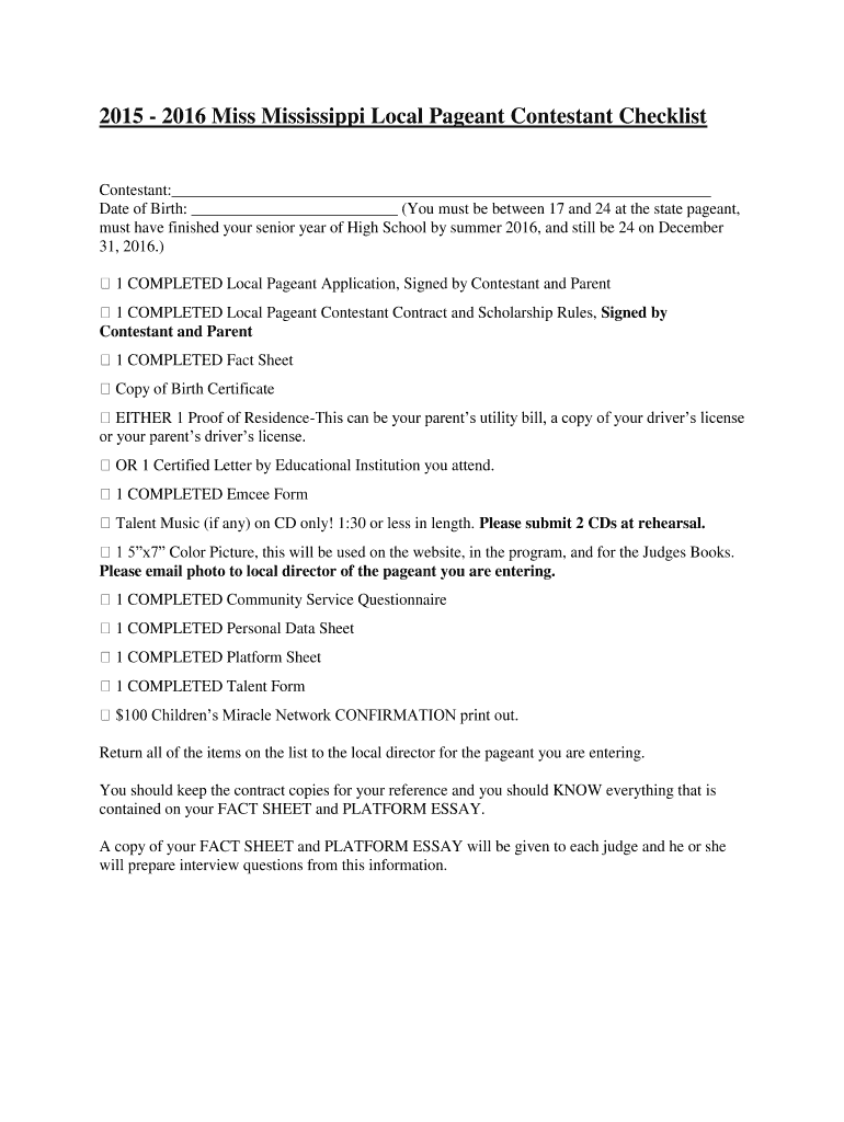 Fillable Online Download 2015-16 Local Pageant Checklist - Miss ...
