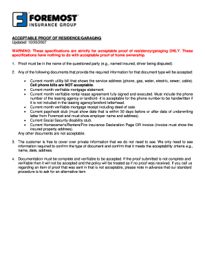 Fillable Online ACCEPTABLE PROOF OF RESIDENCE/GARAGING Fax Email Print ...