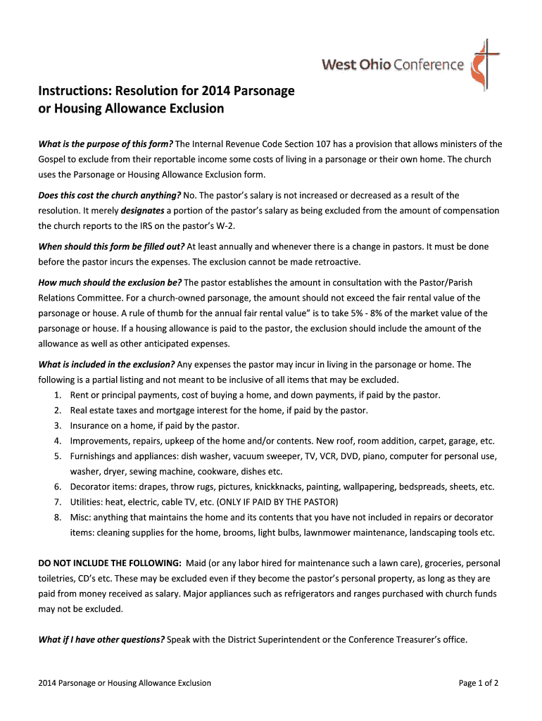 Fillable Online 2014 Resolution for Parsonage or Housing Allowance ...