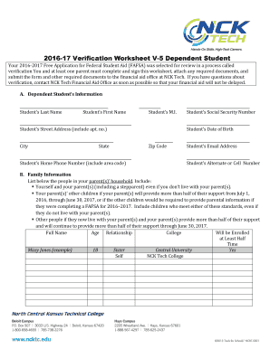 Fillable Online ncktc V-5 Dependent Verification - NCK Tech - ncktc Fax ...