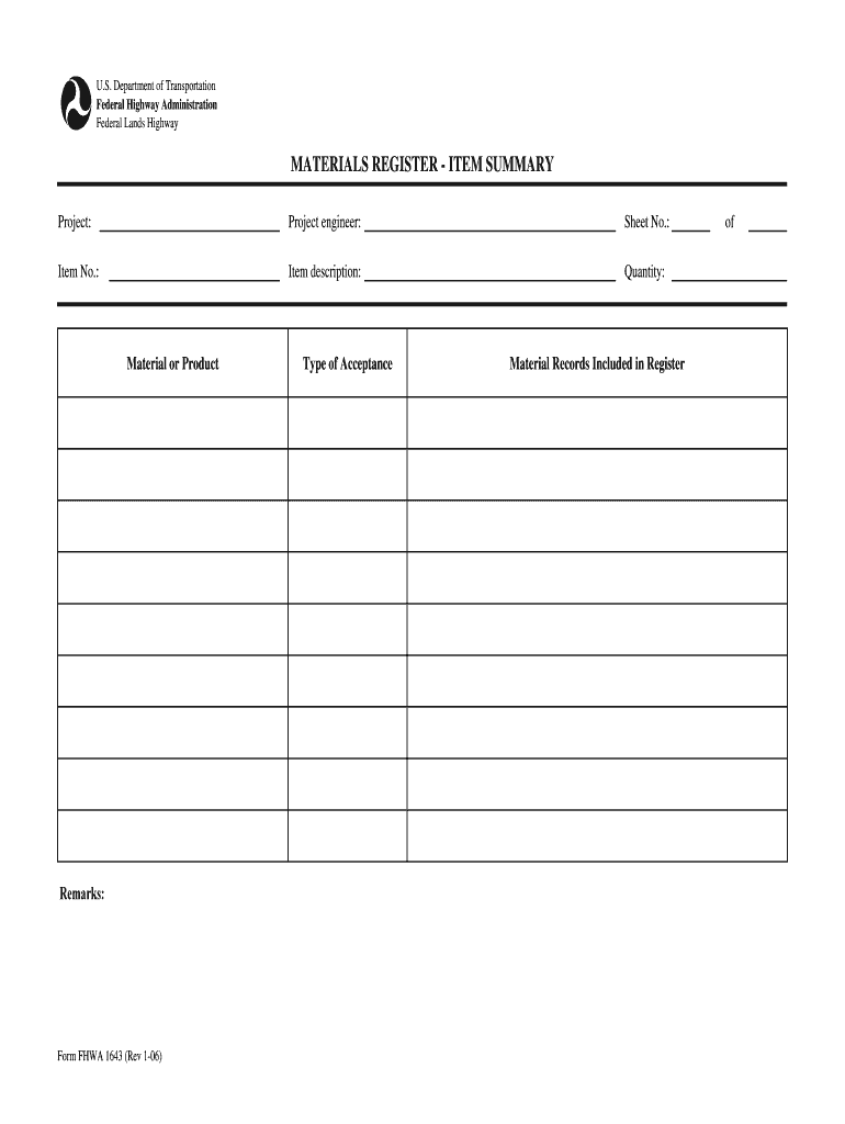 FHWA 1643 Materials Register - Blank Fillable Template | Fill Out ...
