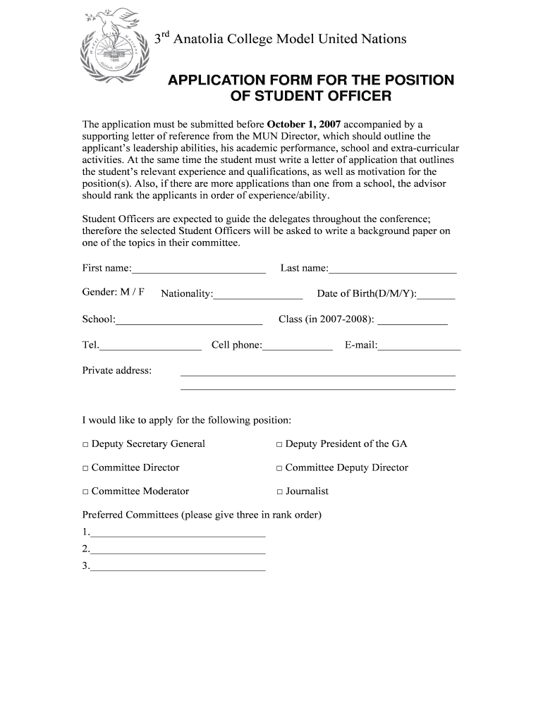 Fillable Online anatolia edu APPLICATION FORM FOR THE POSITION OF ...