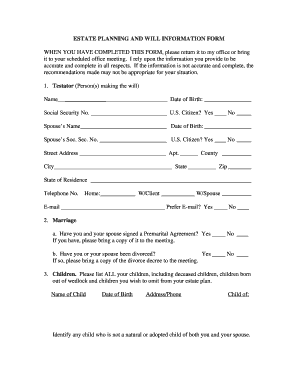 Fillable Online ESTATE Planning FORM Fax Email Print - pdfFiller