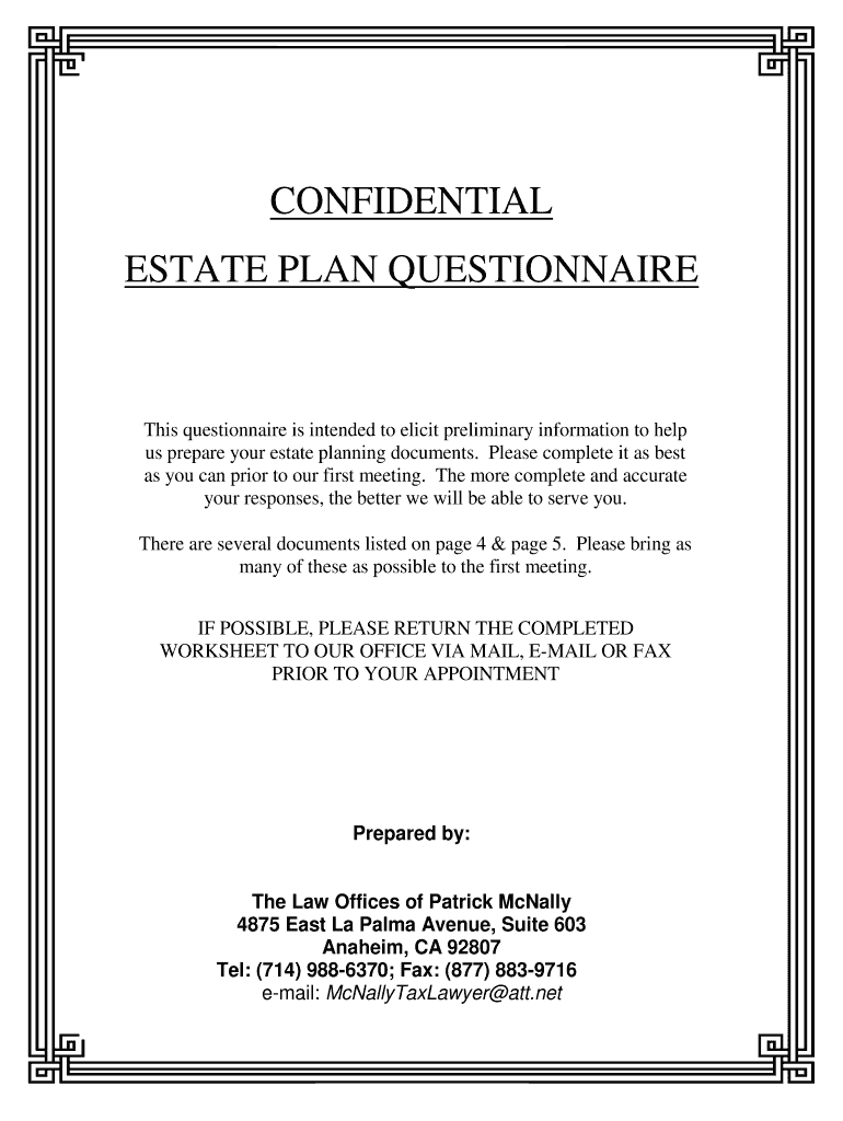 Fillable Online ESTATE PLAN QUESTIONNAIRE Fax Email Print - pdfFiller