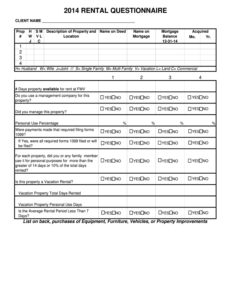 Fillable Online 2014 Rental Questionnaire Fill In - Business by Design ...