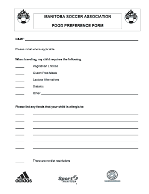 Fillable Online Food Preference Form - Manitoba Soccer Fax Email Print ...