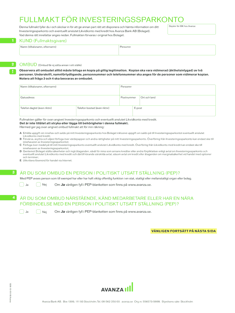 Fillable Online avanza FULLMAKT FR INVESTERINGSSPARKONTO - avanzase Fax Email Print - pdfFiller