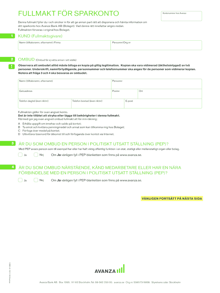 Fillable Online avanza FULLMAKT FR SPARKONTO Fax Email Print - pdfFiller