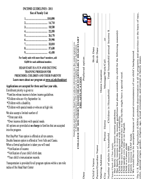 Fillable Online headstart csi INCOME GUIDELINES - 2011 Size of Family ...