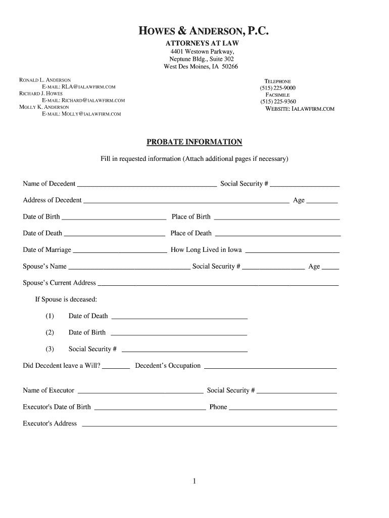 Fillable Online PROBATE INFORMATION - ialawfirmcom Fax Email Print ...