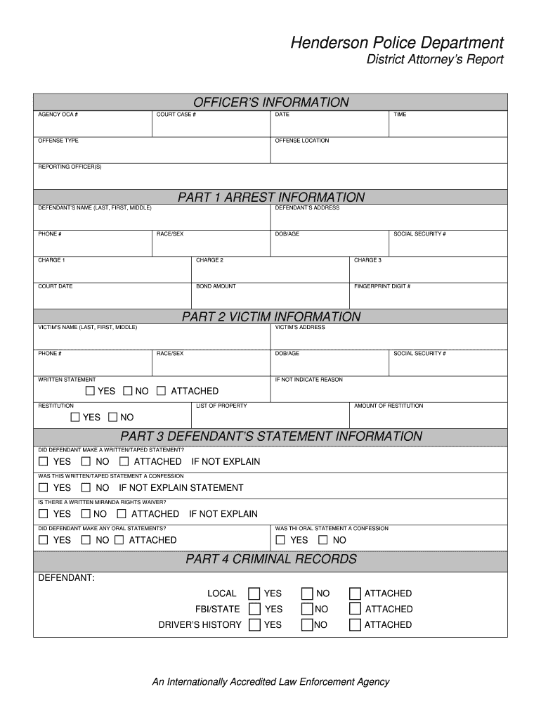 Fillable Online Henderson Police Department District Attorneys Report ...