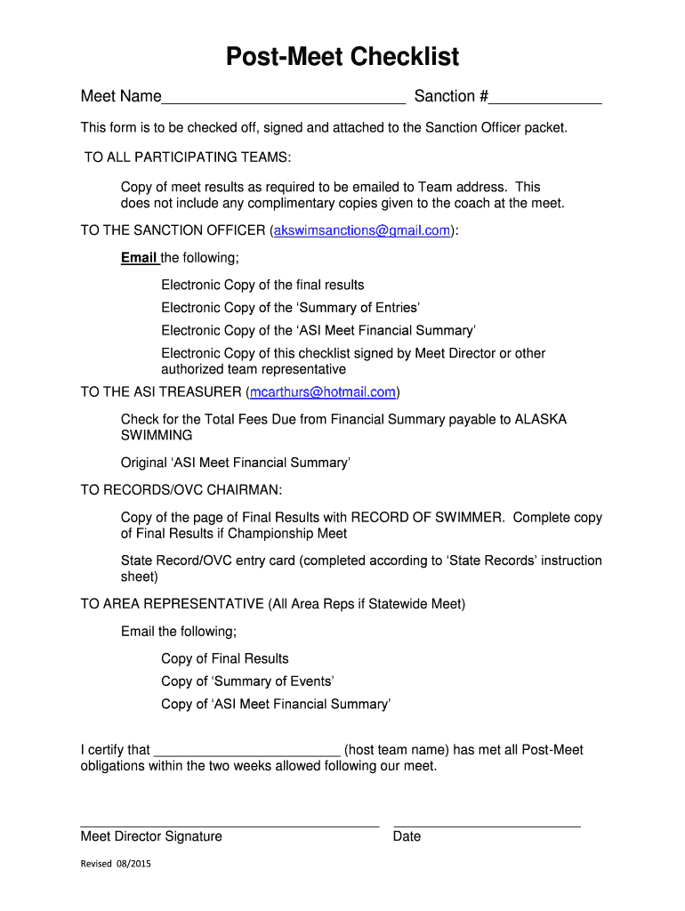 Fillable Online akswimming Post-Meet Checklist - akswimmingorg Fax ...