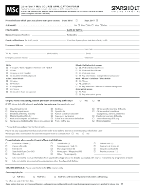 Fillable Online MSc 20162017 MSc COURSE APPLICATION FORM Fax Email ...
