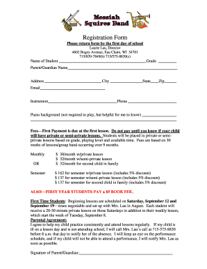 Fillable Online messiahschool Messiah Squires Band Registration Form ...