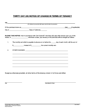 Fillable Online THIRTY DAY 30 NOTICE OF CHANGE IN TERMS OF TENANCY Fax ...