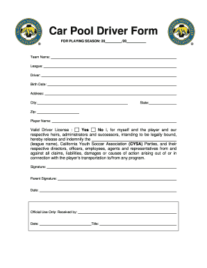 Fillable Online sunnyvalesoccerclub Car Pool Driver Form Fax Email ...