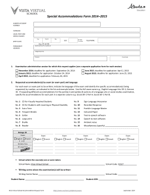 Fillable Online vvschool Special Accommodations Form 2014 2015 ...