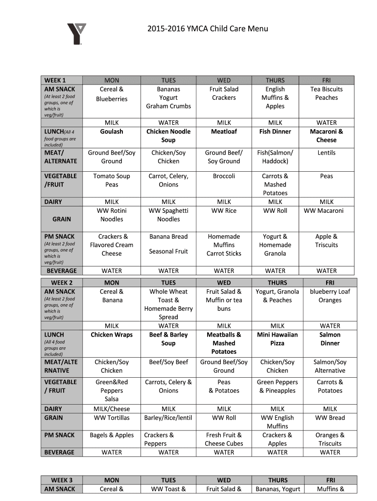 Fillable Online 2015-2016 YMCA Child Care Menu - ymcahrmnsca Fax Email ...