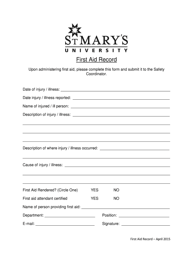 Fillable Online stmu First Aid Record - St Marys University - stmu Fax ...
