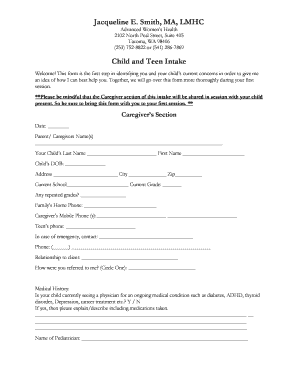 Fillable Online advancedwomenshealth Counseling Child-Teen Intake Form ...