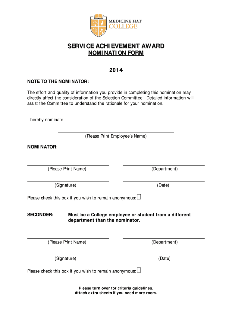 Fillable Online mhc ab SERVICE ACHIEVEMENT AWARD NOMINATION FORM - Fax ...