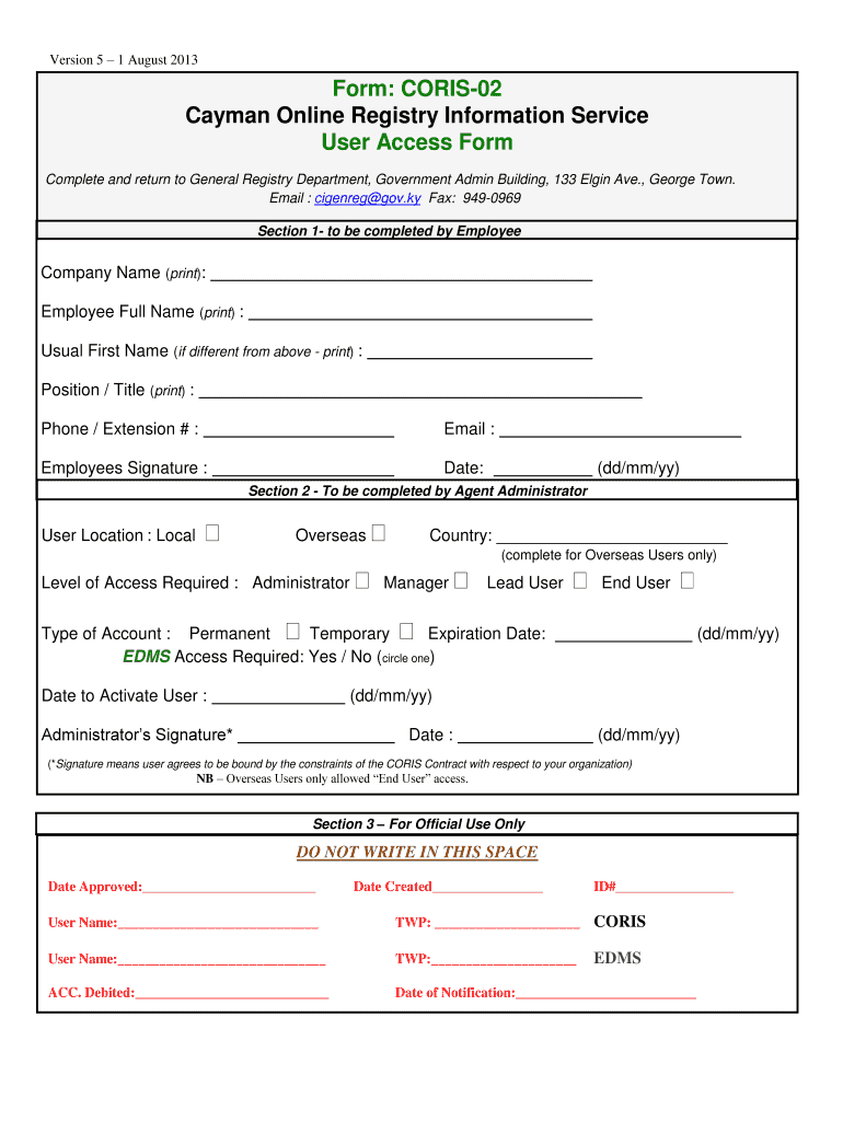 Fillable Online User Access bFormb - Cayman Islands Government Fax ...