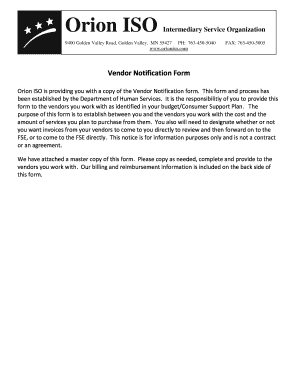 Fillable Online Vendor Notification Form - Orion ISO Fax Email Print ...
