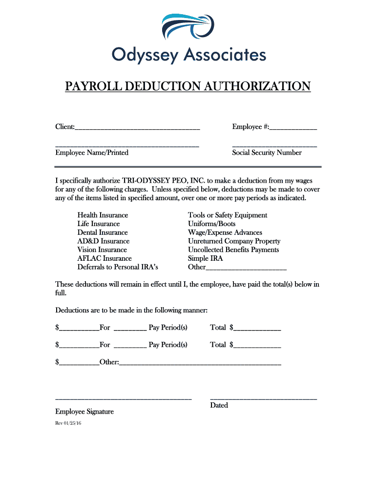 Fillable Online PAYROLL DEDUCTION AUTHORIZATION - odysseynvcom Fax ...
